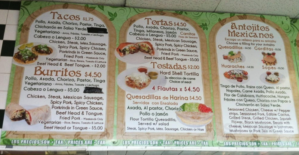 Manolo's Tamales menu in Chicago, Illinois, USA