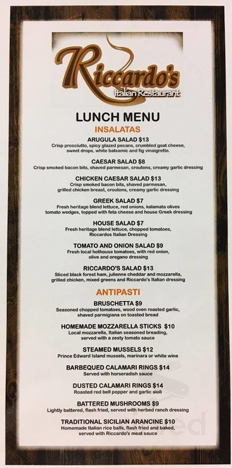 Riccardo's Italian Restaurant menu in Amherstburg, Ontario, Canada