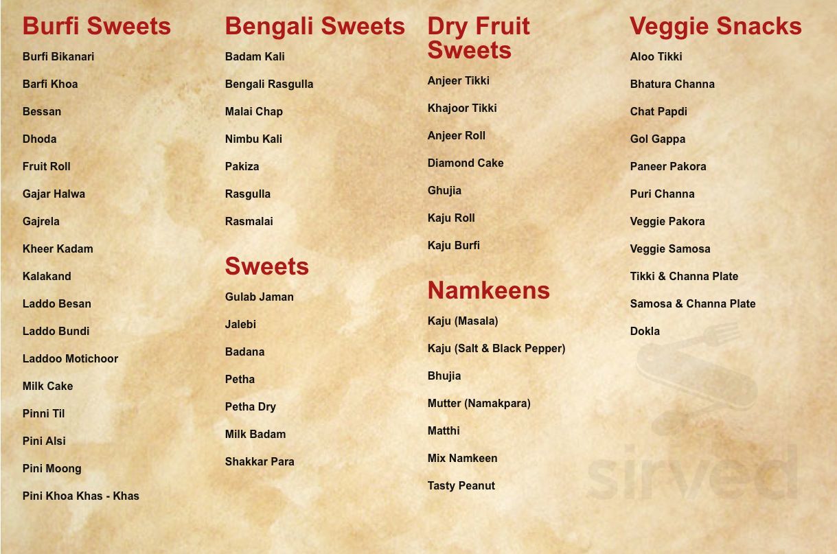 Menu for Prabu Sweets in Surrey, BC | Sirved