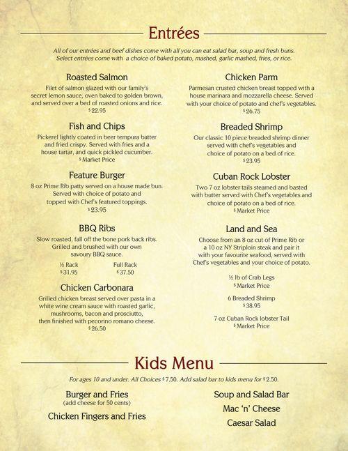 Prospector Steak House menu in Thunder Bay, Ontario, Canada
