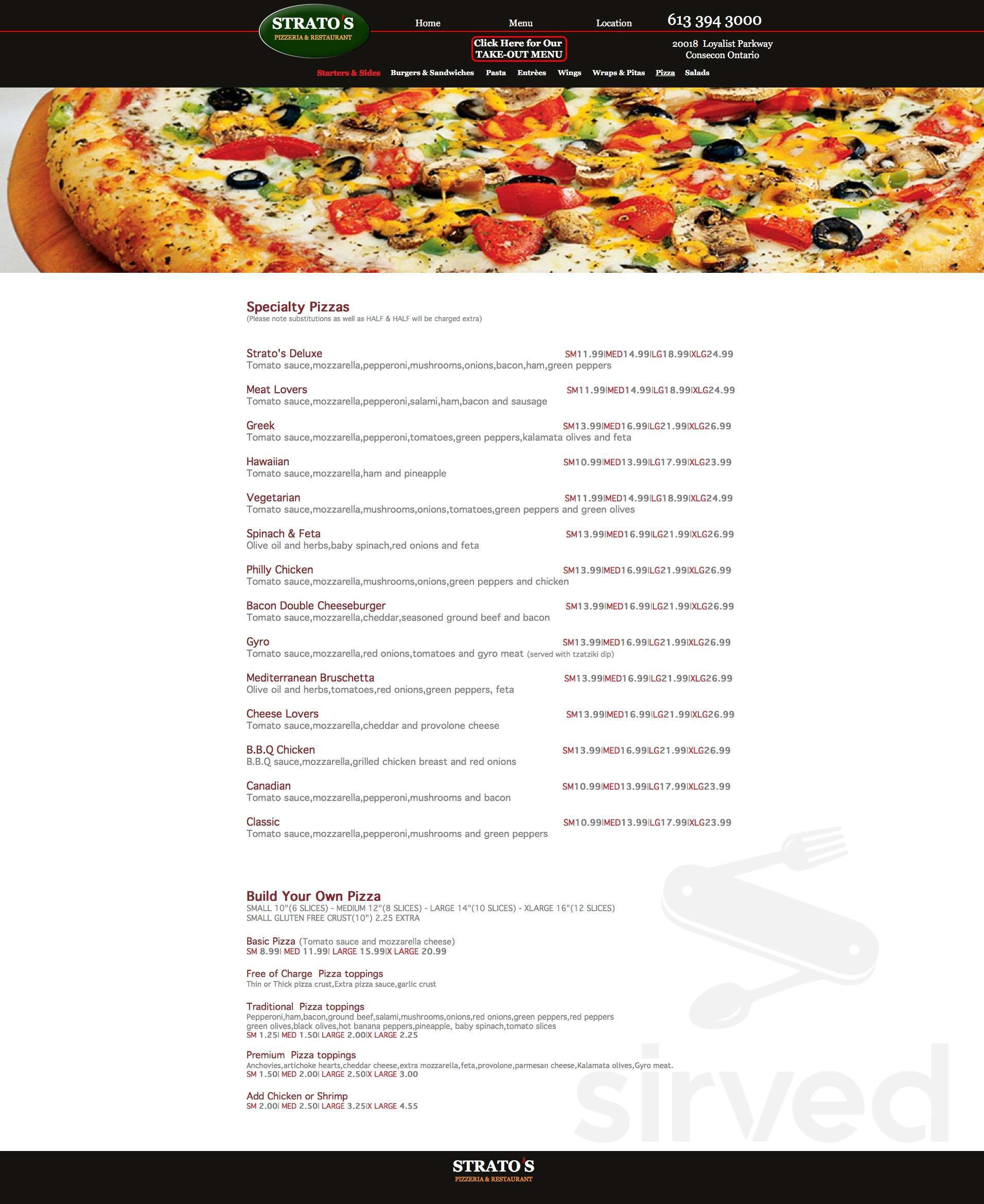 Strato's Pizzeria & Restaurant menu in Consecon, Ontario, Canada