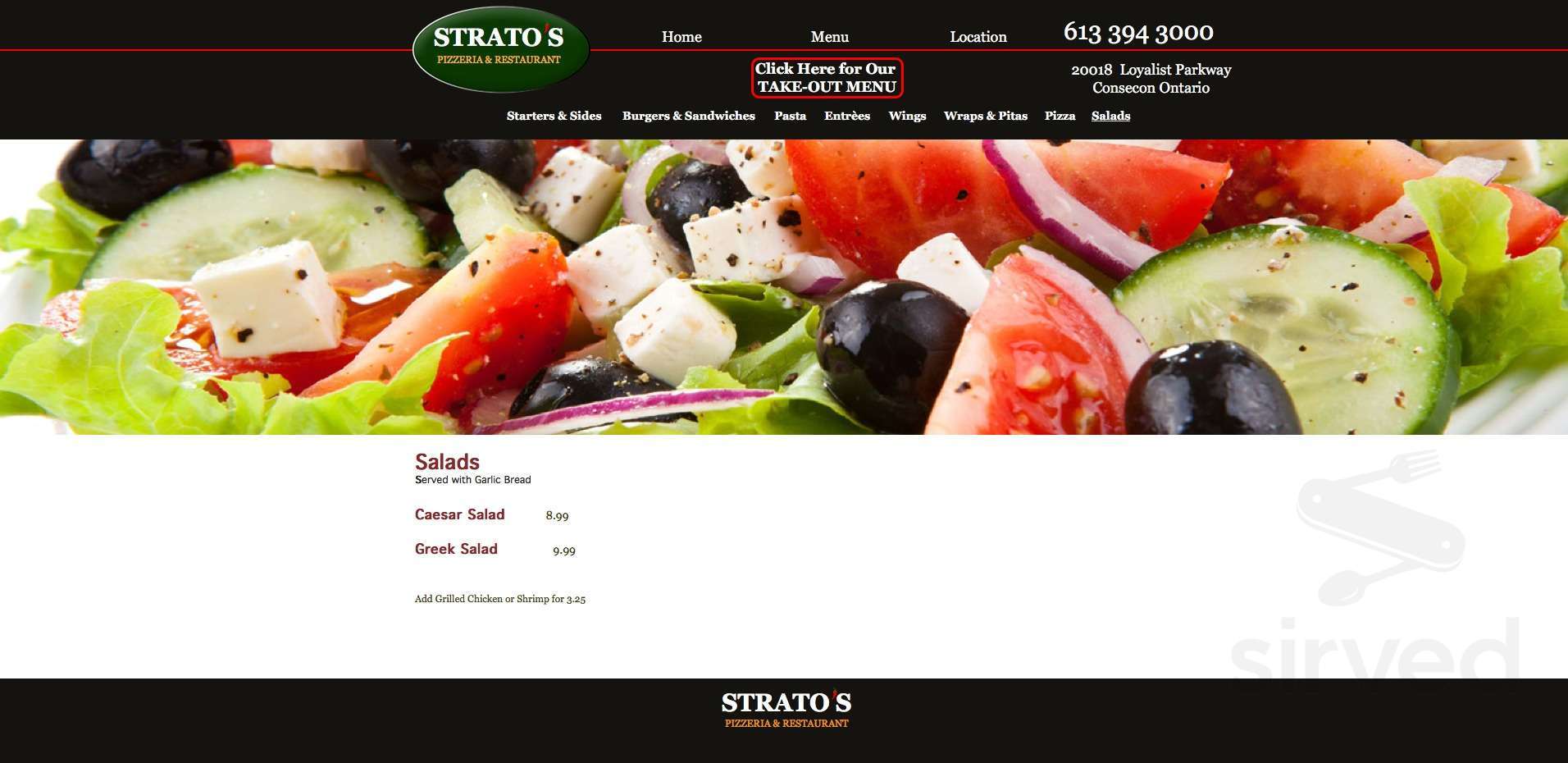 Strato's Pizzeria & Restaurant menu in Consecon, Ontario, Canada