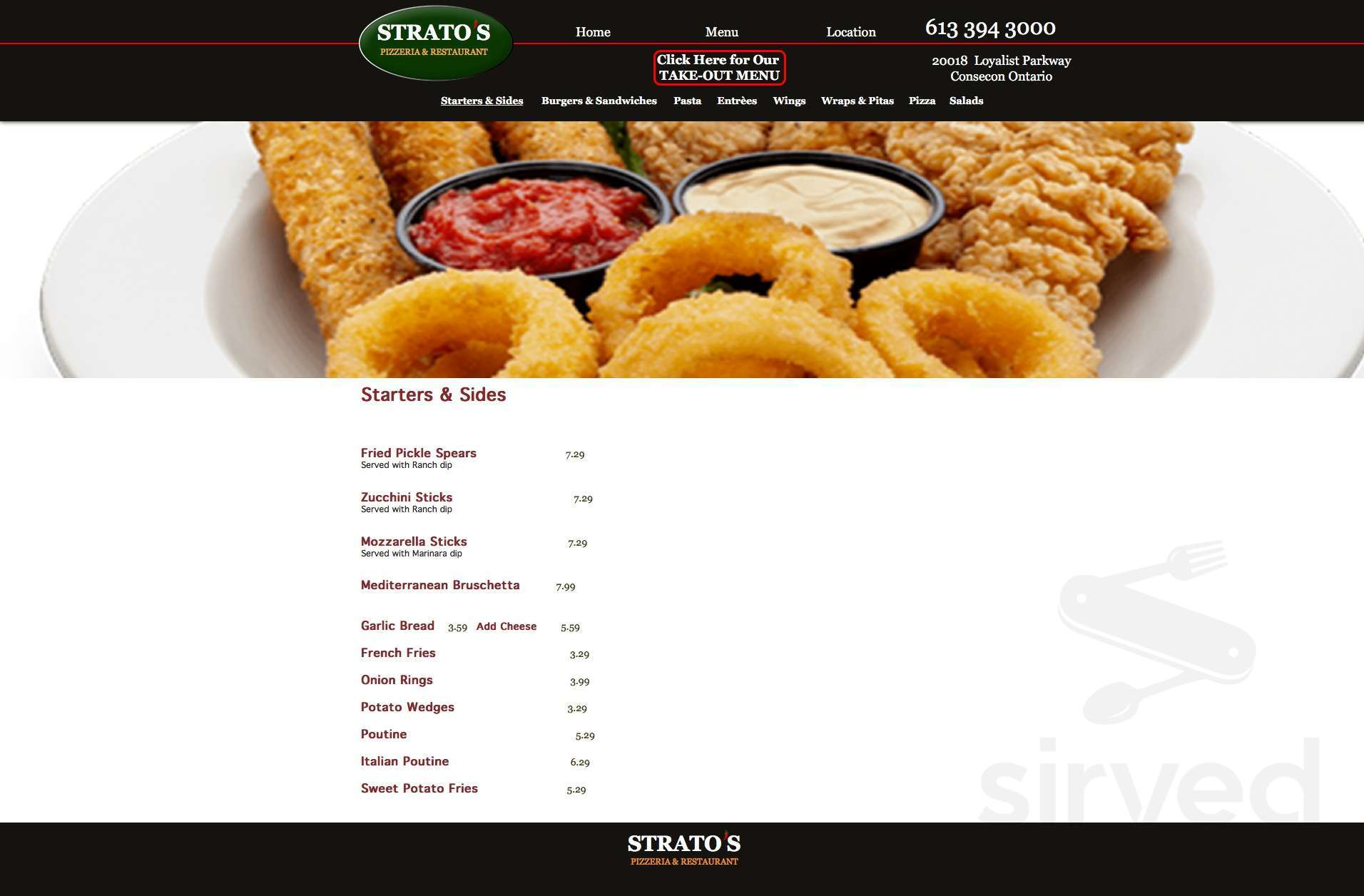 Strato's Pizzeria & Restaurant menu in Consecon, Ontario, Canada