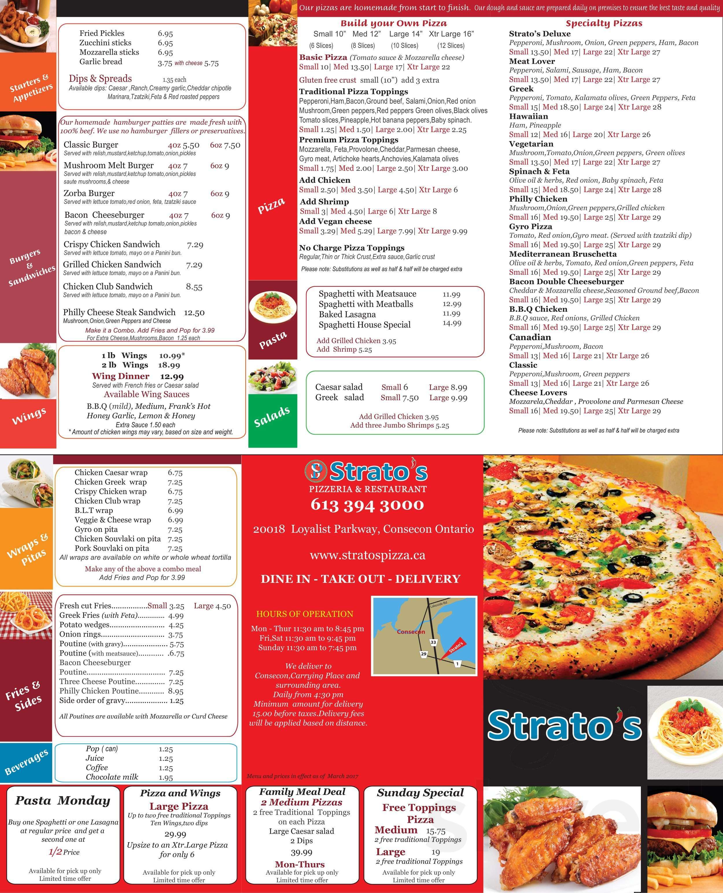 Strato's Pizzeria & Restaurant menu in Consecon, Ontario, Canada
