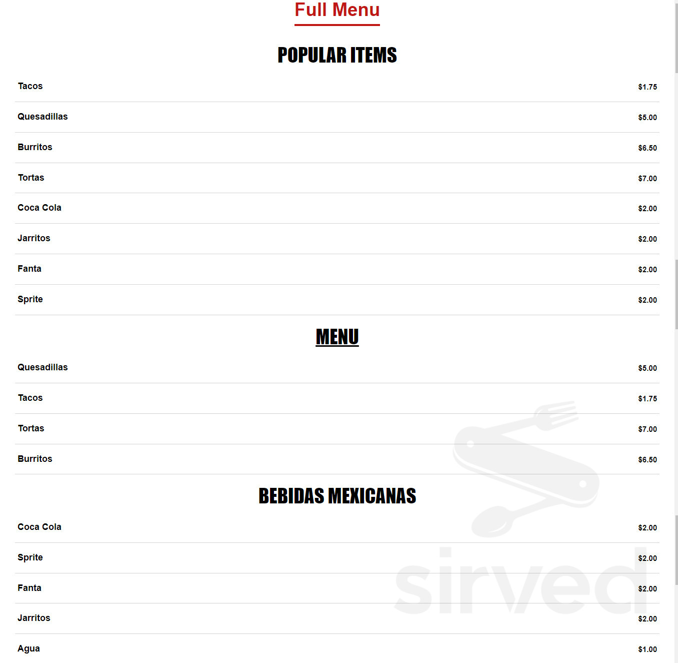 Menu - Fort Worth TX's Teo Tacos | Sirved