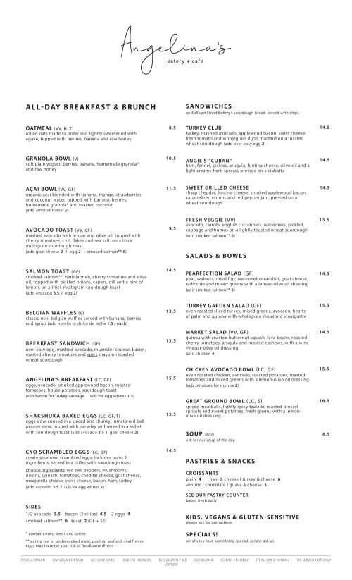 Angelina's menu in Miami, Florida, USA
