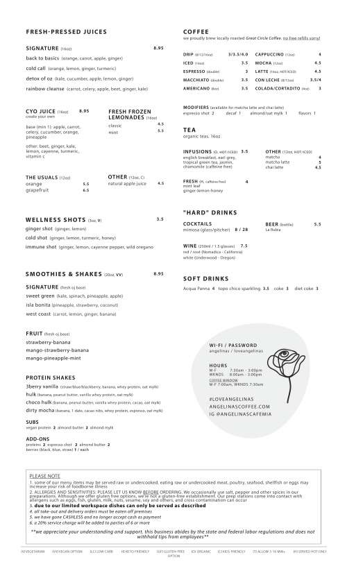 Angelina's menu in Miami, Florida, USA
