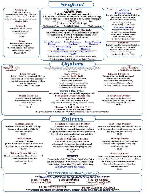 Original Shuckers Raw Bar menu in Myrtle Beach, South Carolina, USA