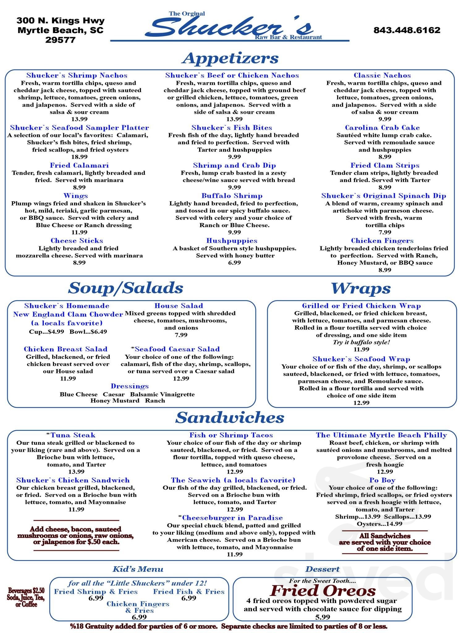 Original Shuckers Raw Bar menu in Myrtle Beach, South Carolina, USA