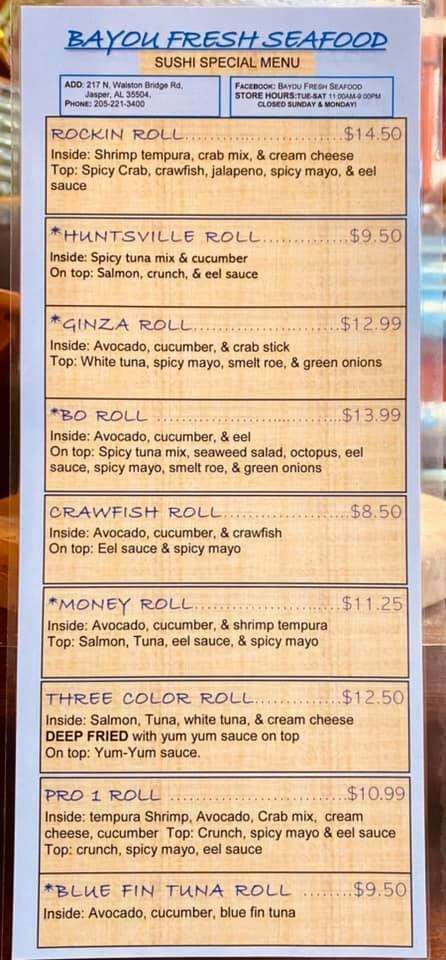 Bayou Fresh Seafood & Deli menu in Jasper, Alabama, USA