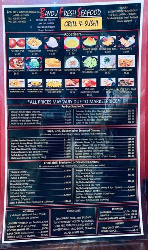 Bayou Fresh Seafood & Deli menu in Jasper, Alabama, USA