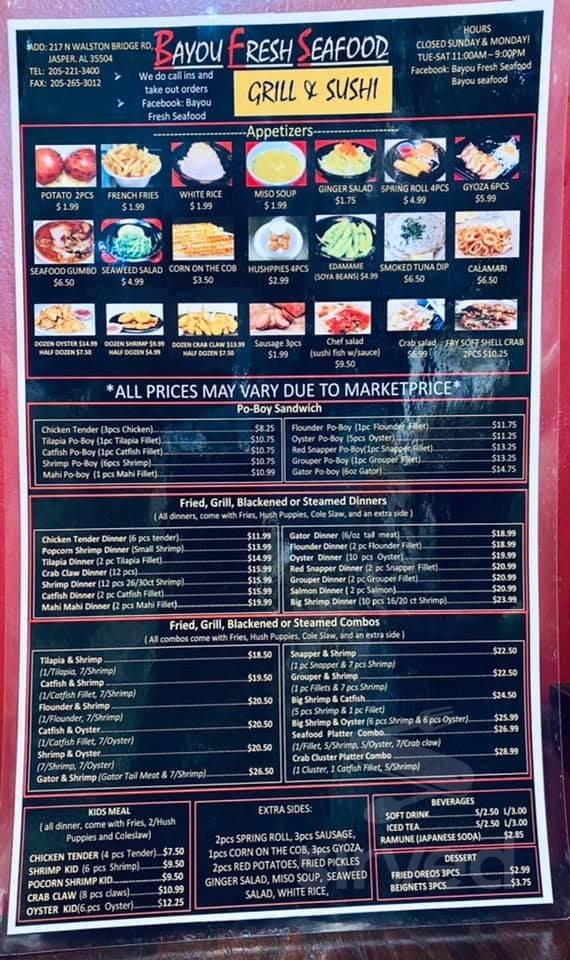 Bayou Fresh Seafood & Deli menu in Jasper, Alabama, USA