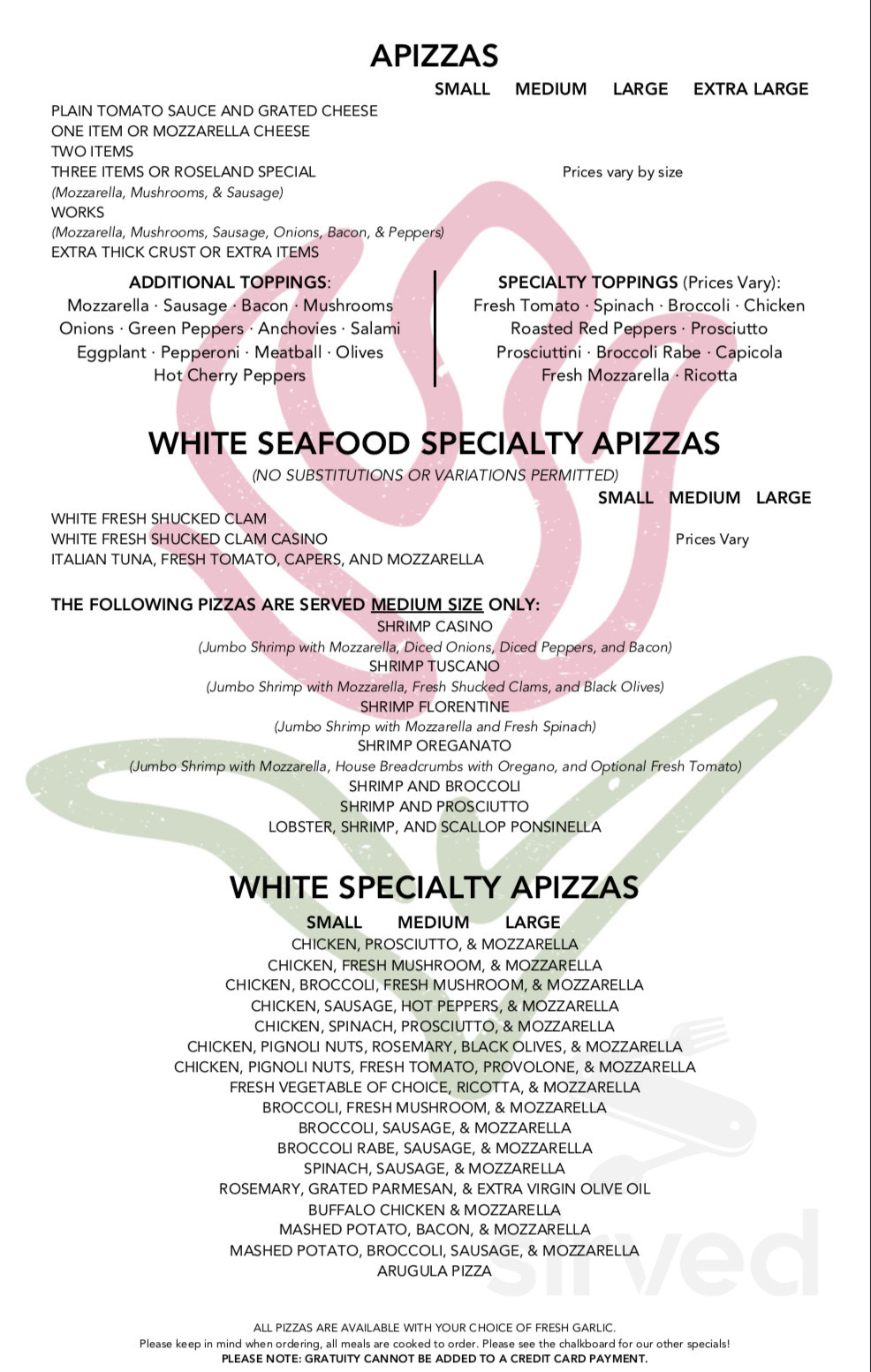 Menu for Roseland Apizza in Derby, CT | Sirved