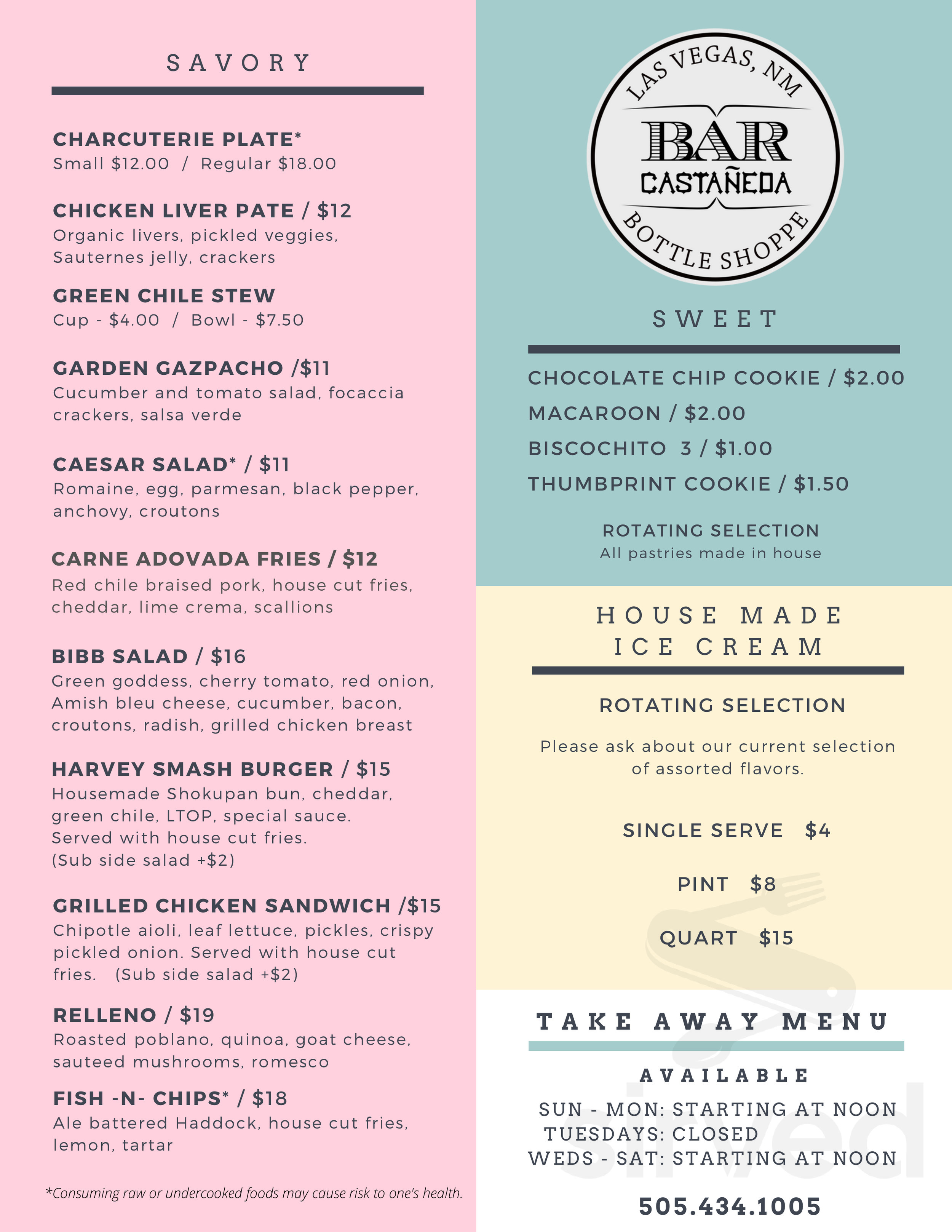 Bar Castaneda menu in Las Vegas, New Mexico, USA