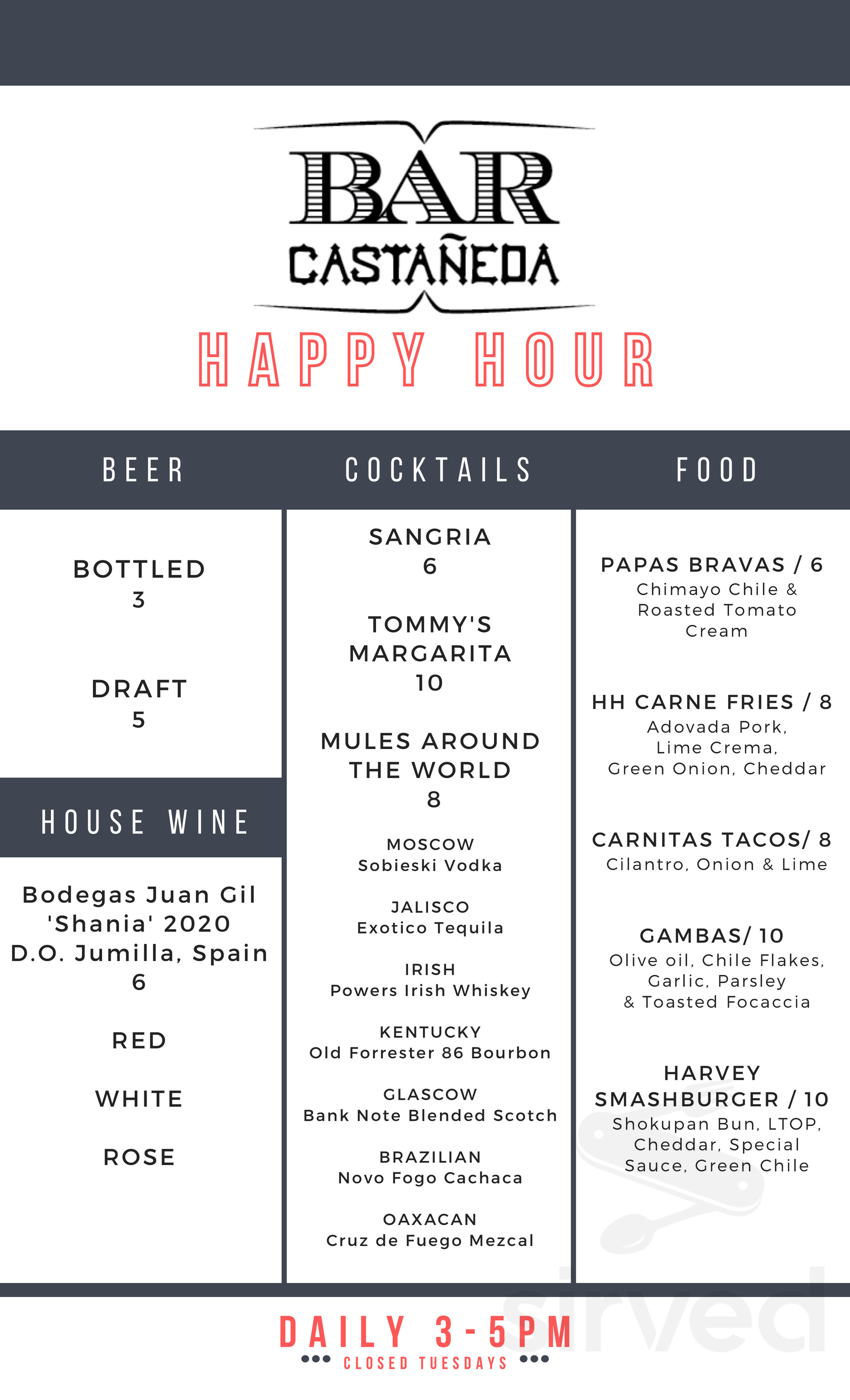 Bar Castaneda menu in Las Vegas, New Mexico, USA