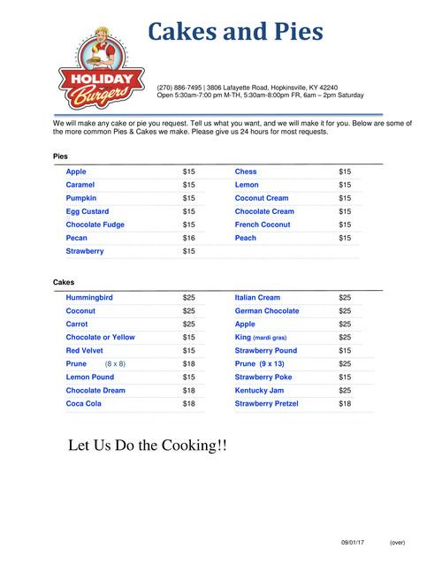 Holiday Burgers menu in Hopkinsville, Kentucky, USA
