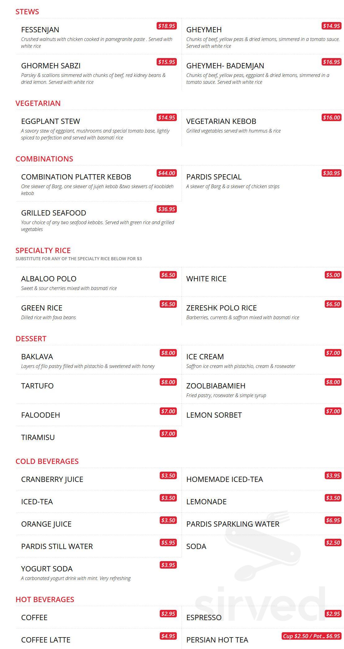 Menu - Ridgewood NJ's Pardis Persian Grill | Sirved