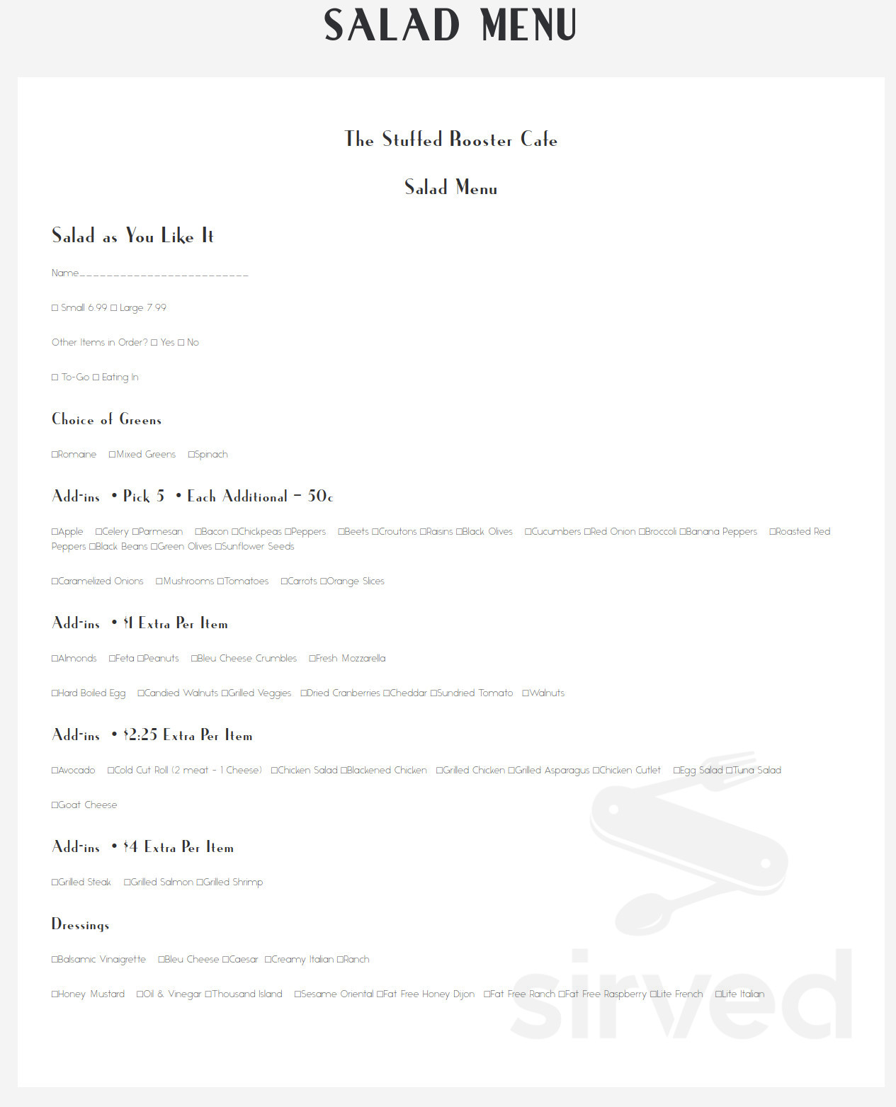 The Stuffed Rooster menus in Latham, New York, United States