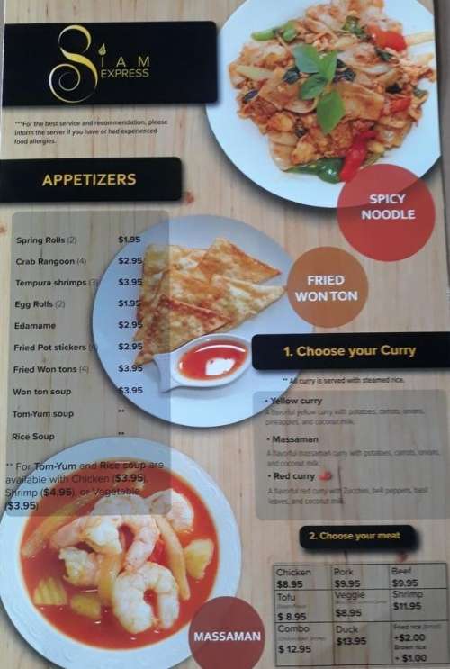 Siam Express menu in Dayton, Ohio, USA