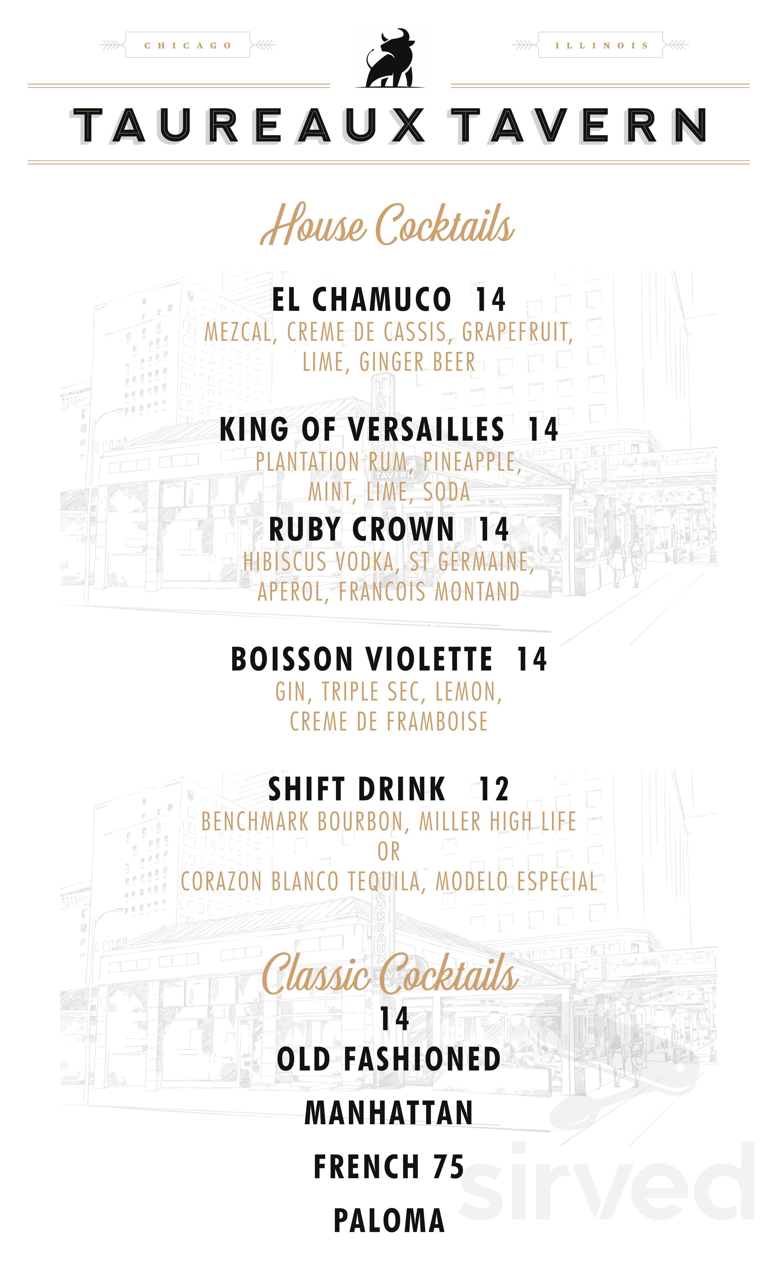 Taureaux Tavern menu in Chicago, Illinois, USA