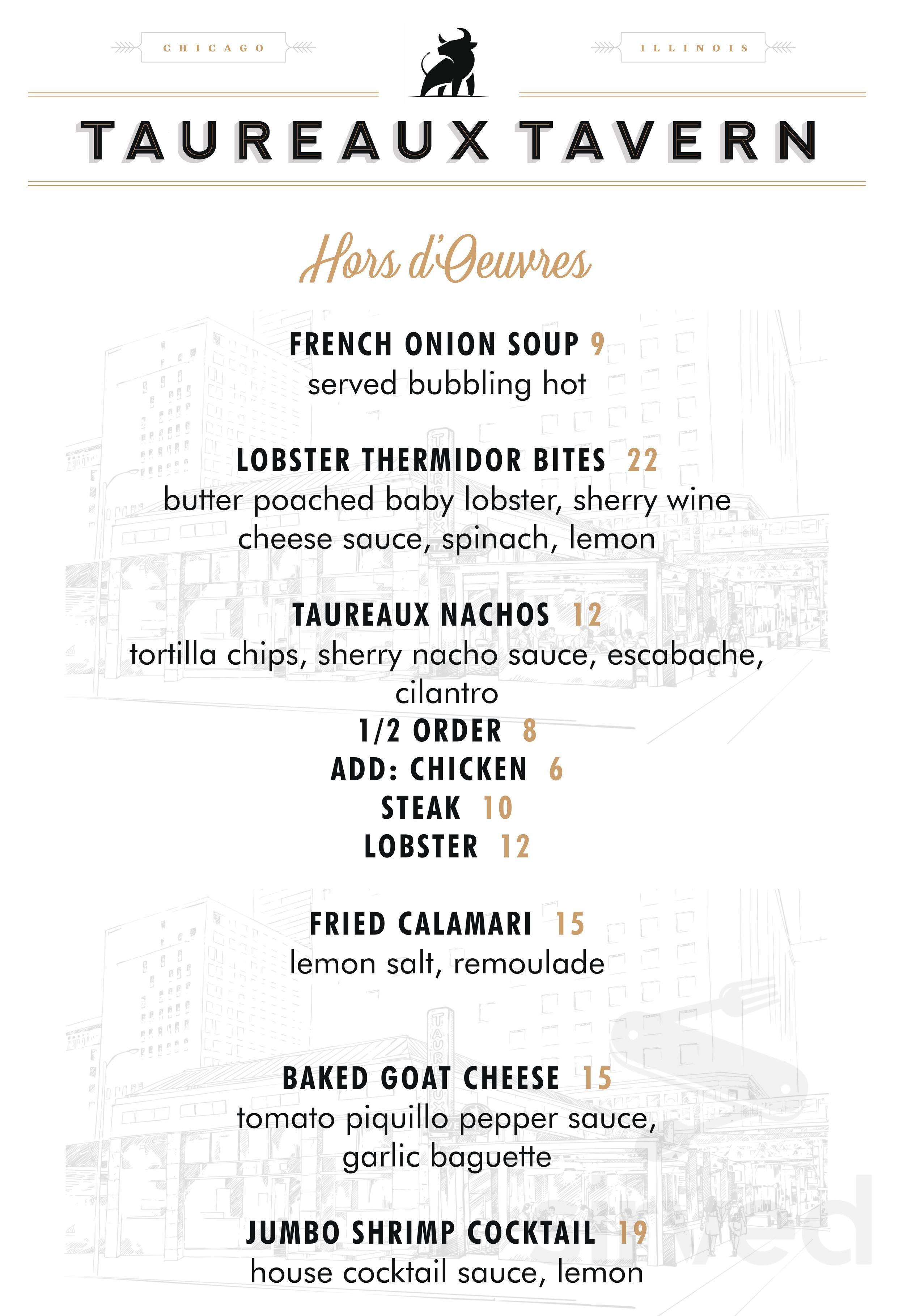 Taureaux Tavern menu in Chicago, Illinois, USA