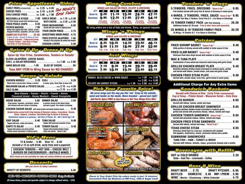 Wings 'n Things menu in Houston, Texas, USA