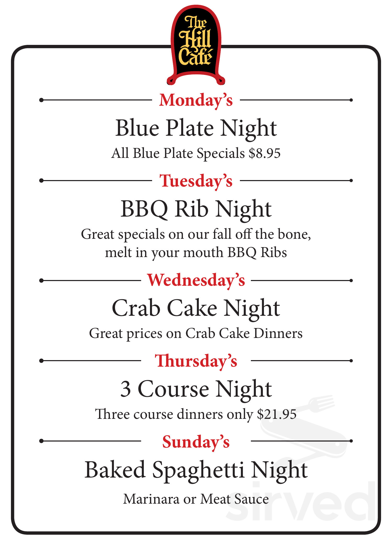 Menu for The Hill Cafe in Richmond, VA | Sirved