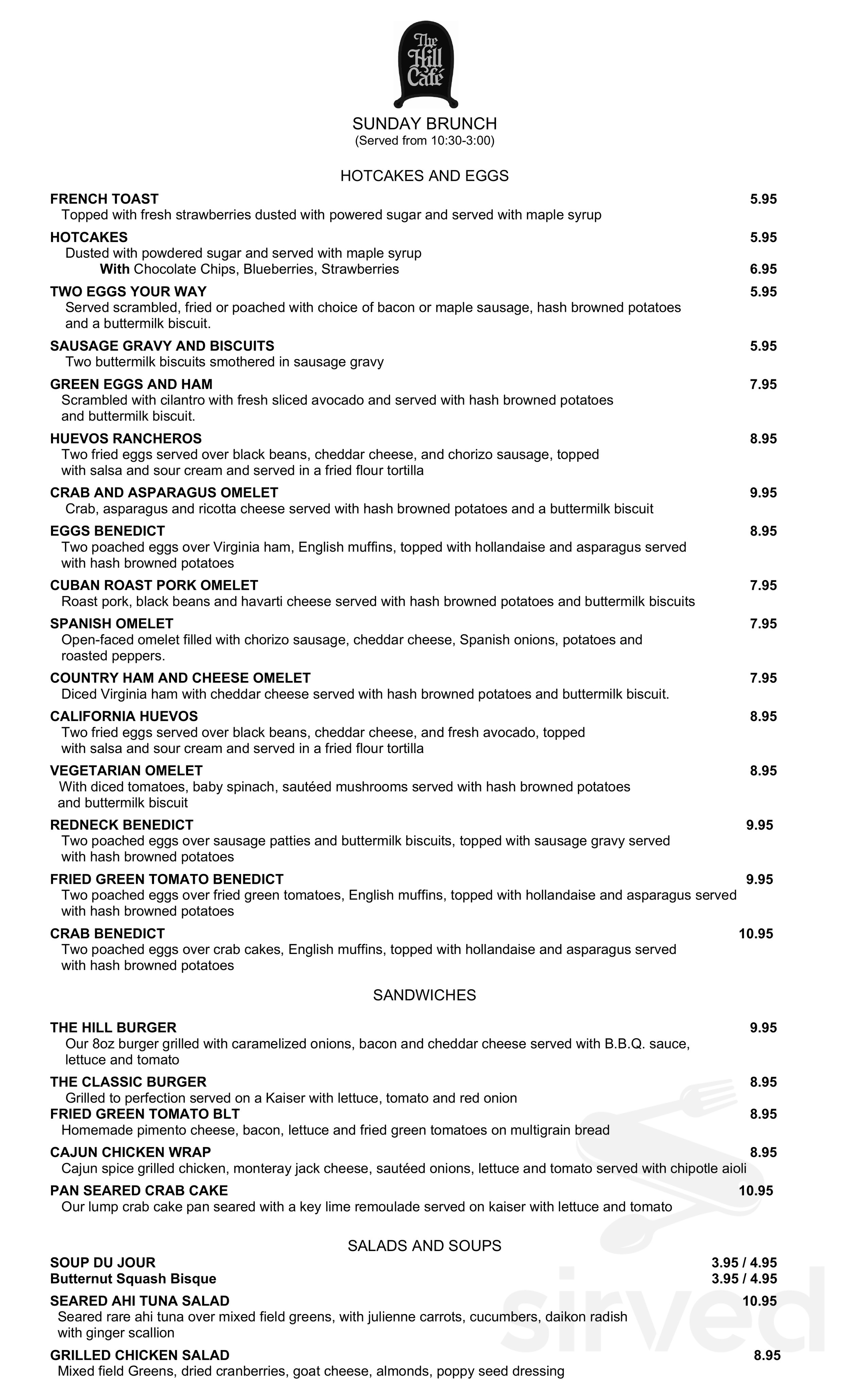 The Hill Cafe menu in Richmond, Virginia, USA