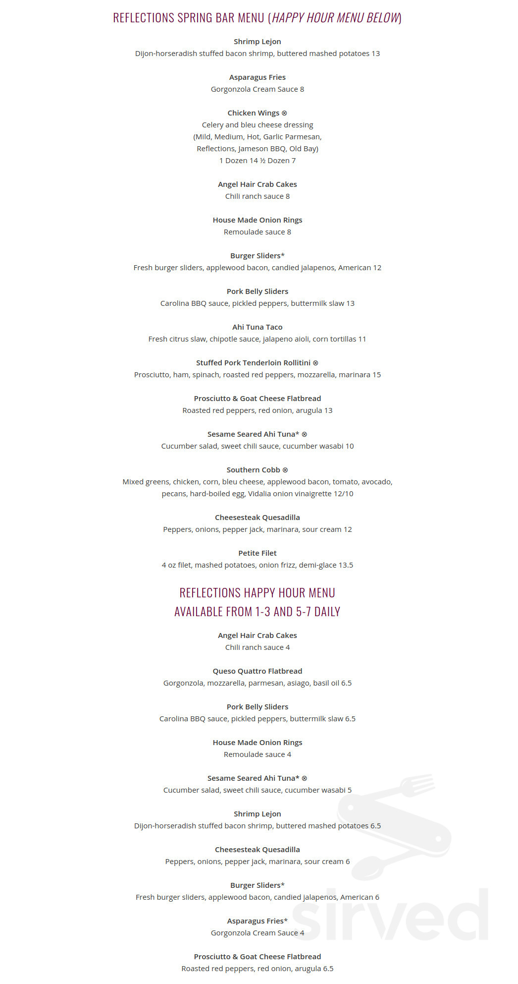 Reflections Restaurant menu in Leola, Pennsylvania, USA