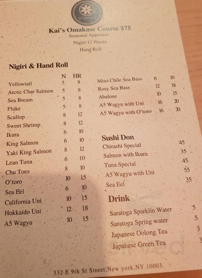 Sushi Kai menu in New York, New York, USA