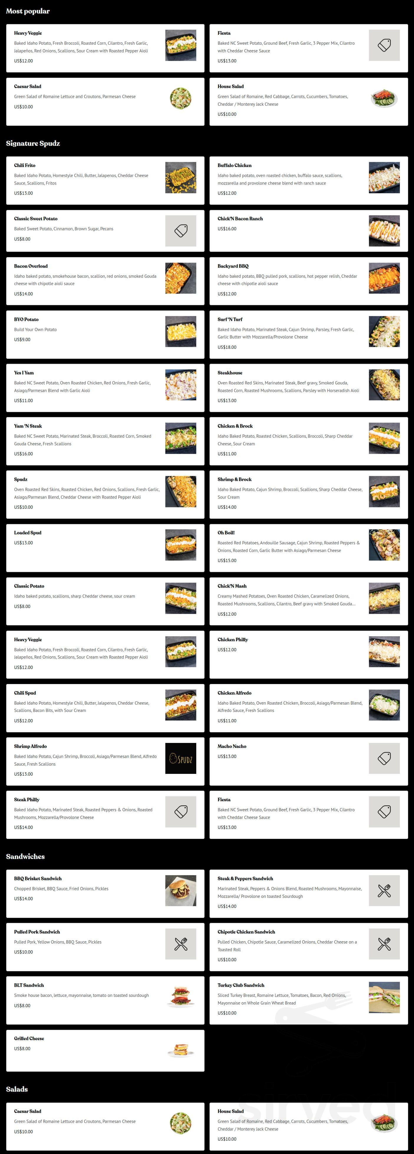 Spudz menu in McDonough, Georgia, USA