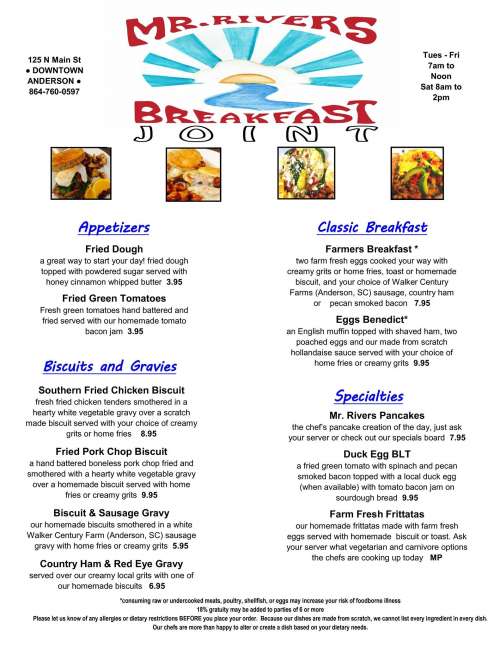 Mr. Rivers Breakfast Joint menu in Anderson, South Carolina, USA