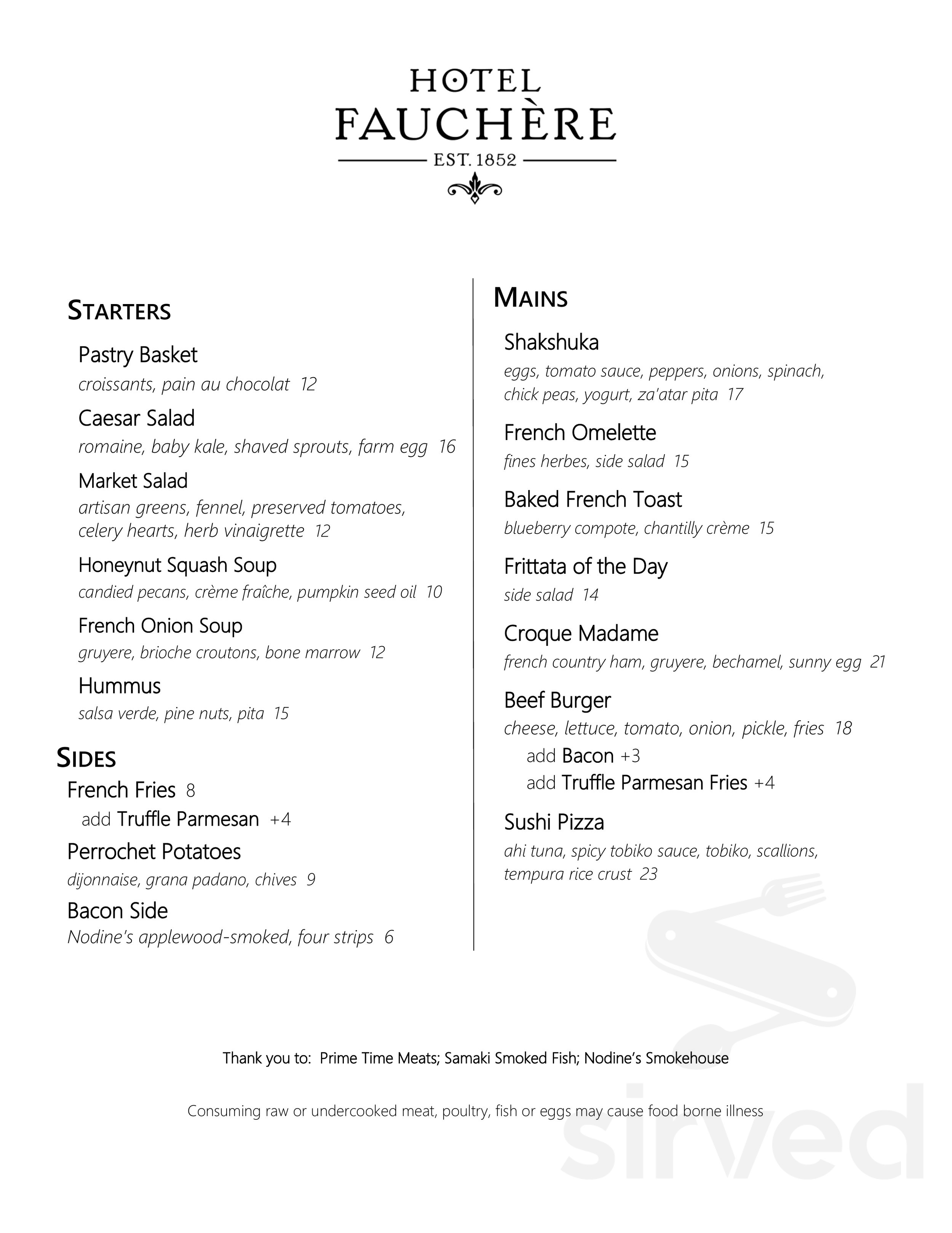 Menu for Hotel Fauchère in Milford, PA | Sirved