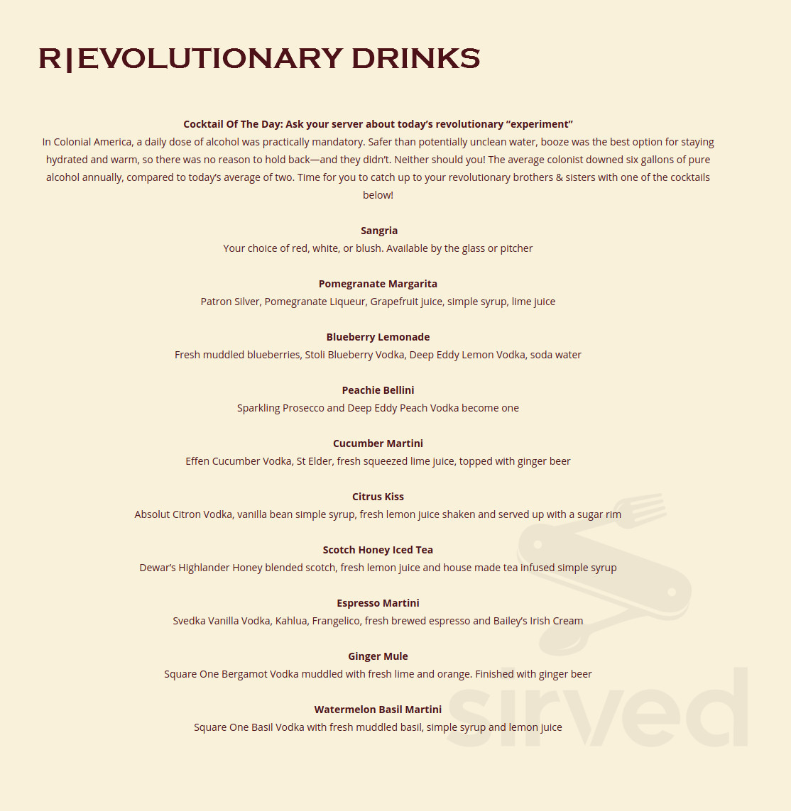 Revolution menu in Cranston, Rhode Island, USA