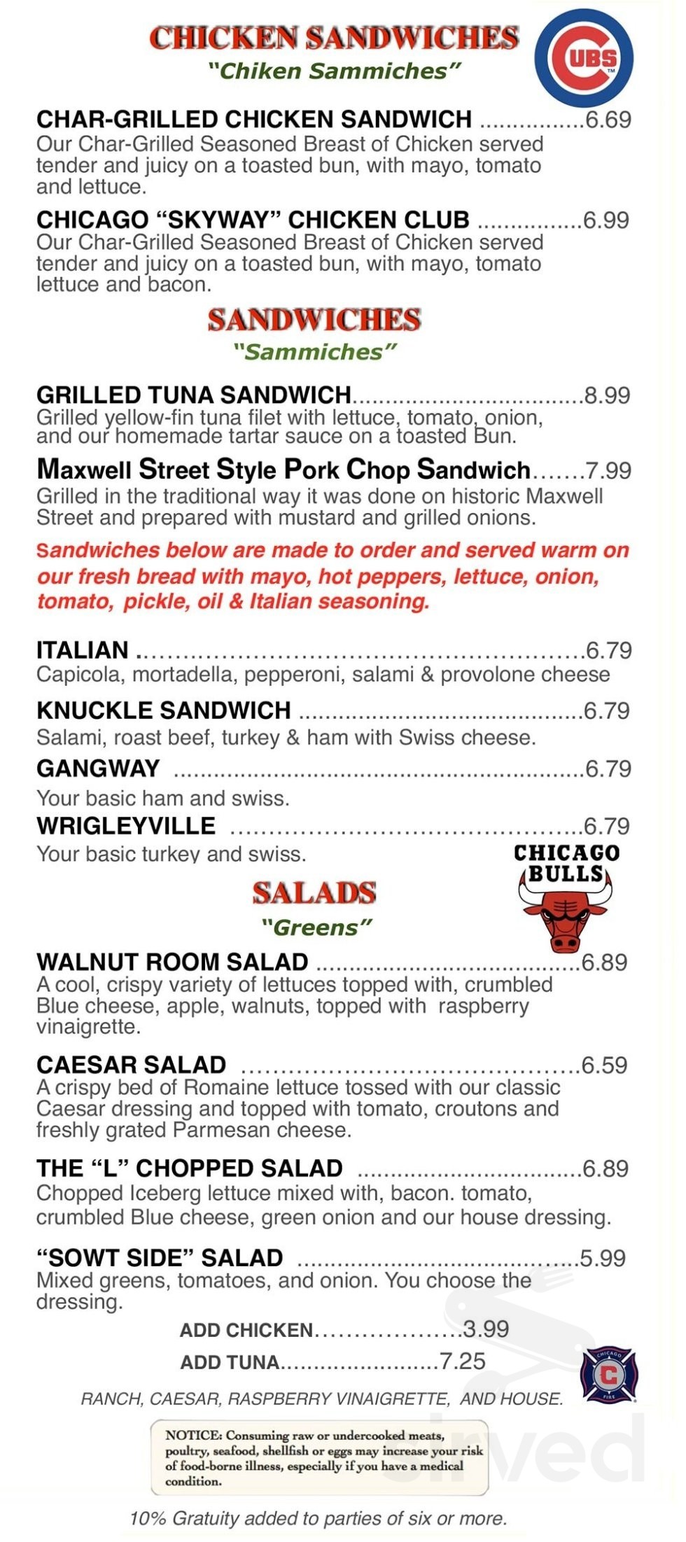 Tony's Chicago Beef Company menu in Sarasota, Florida, USA