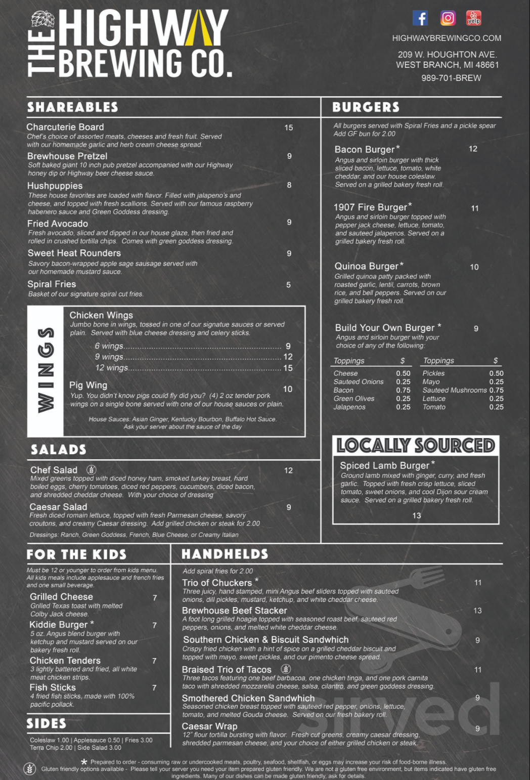 Menu - West Branch MI's The Highway Brewing Co. | Sirved