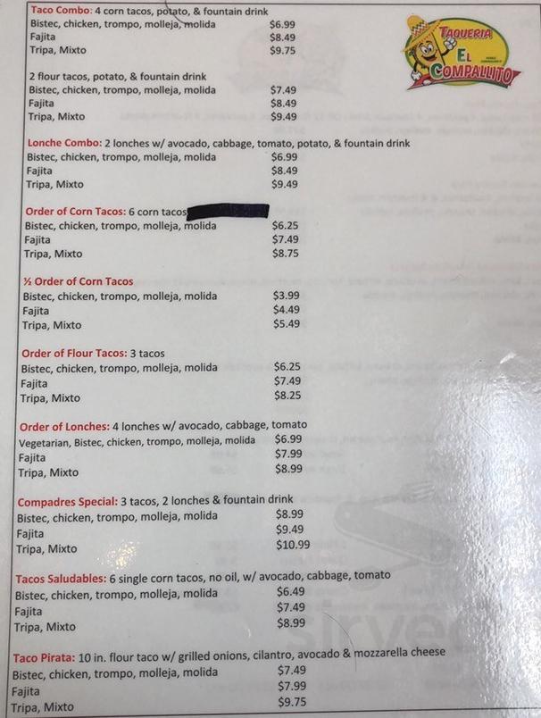 Menu - Weslaco TX's Taqueria El Compallito | Sirved