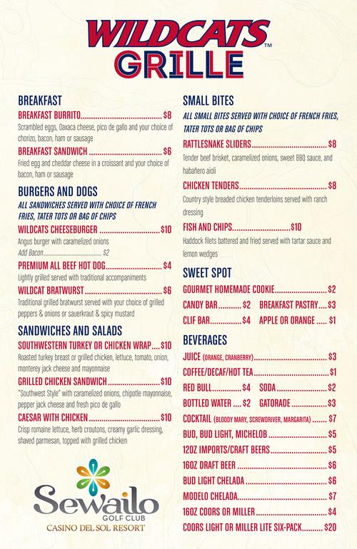 Wildcats Grille menu in Tucson, Arizona, USA