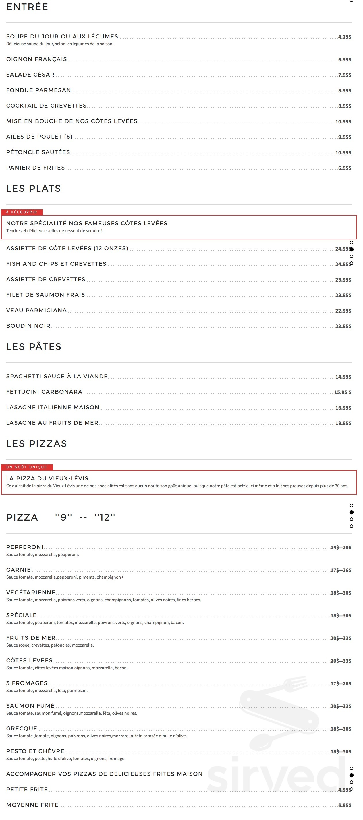 Restaurant du Vieux-Lévis menu in Lévis, Quebec, Canada