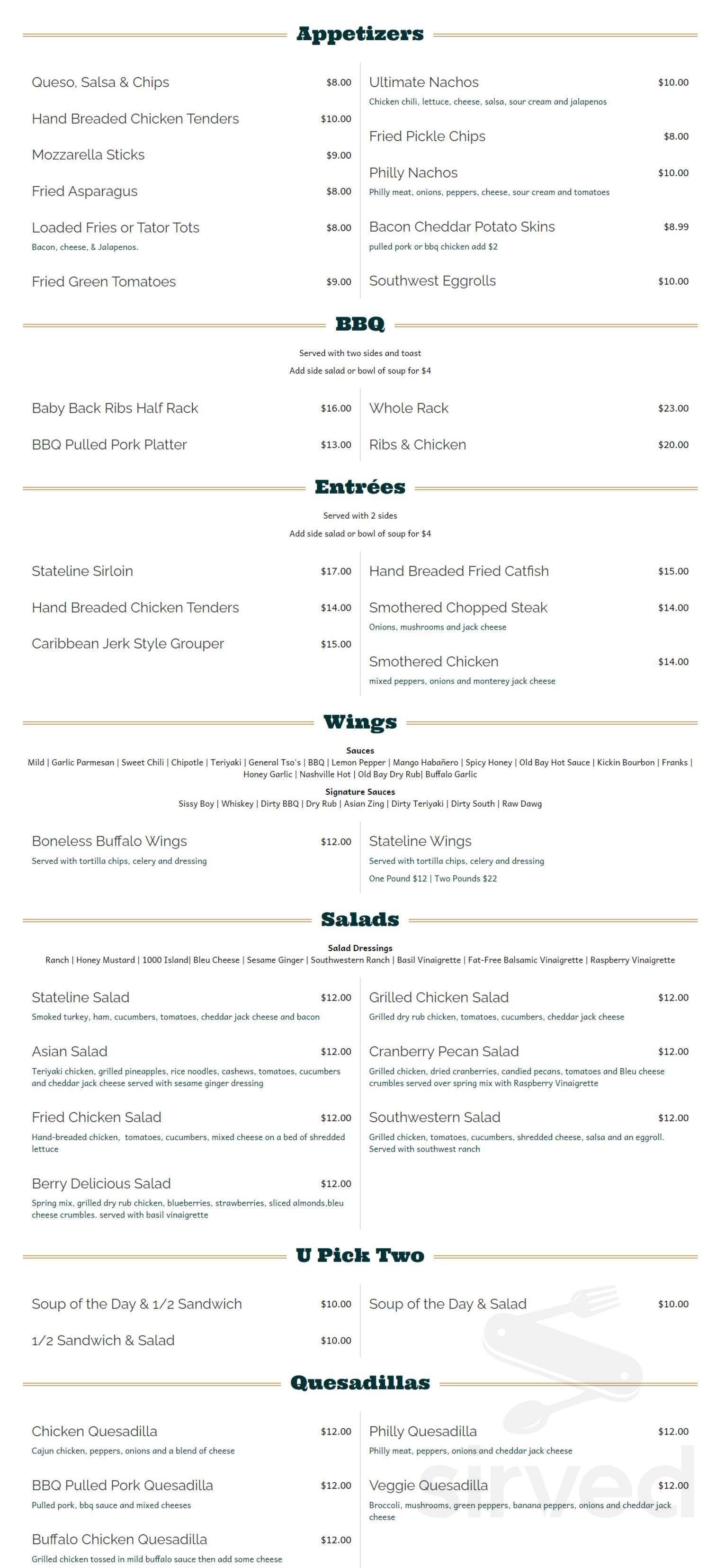 Stateline Bar & Grille menu in Bristol, Tennessee, USA