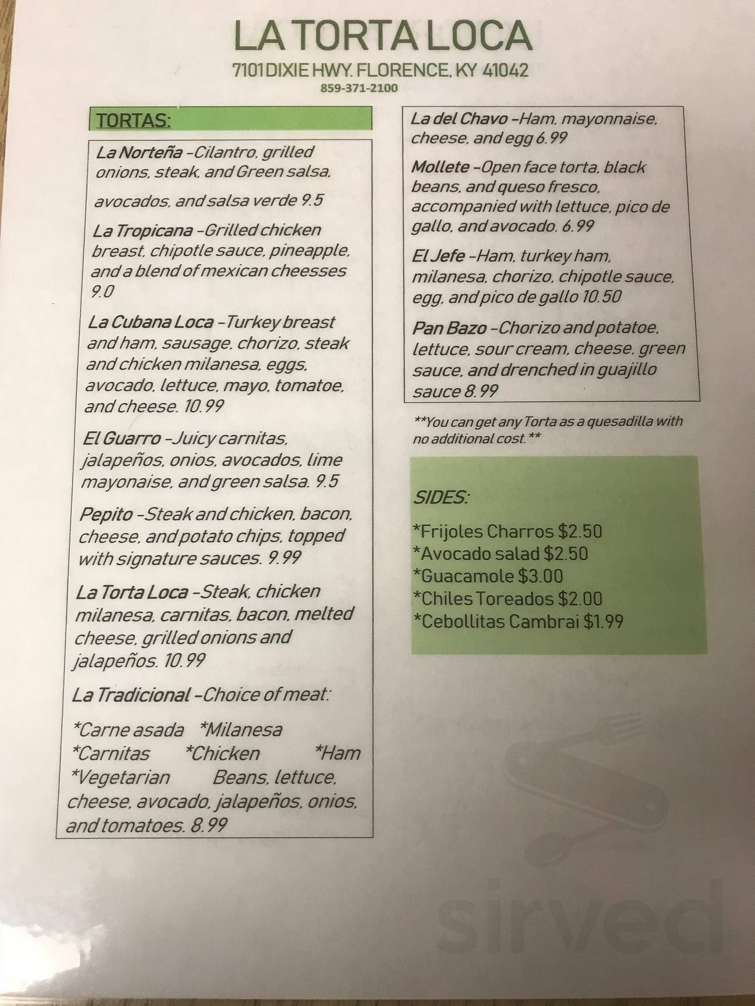 LA TORTA LOCA menus in Florence, Kentucky, United States