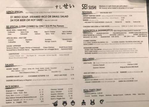Sei Sushi menu in San Diego, California, USA