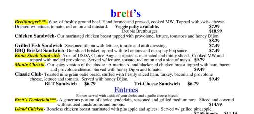 Menu for Brett's Casual American in Athens, GA | Sirved