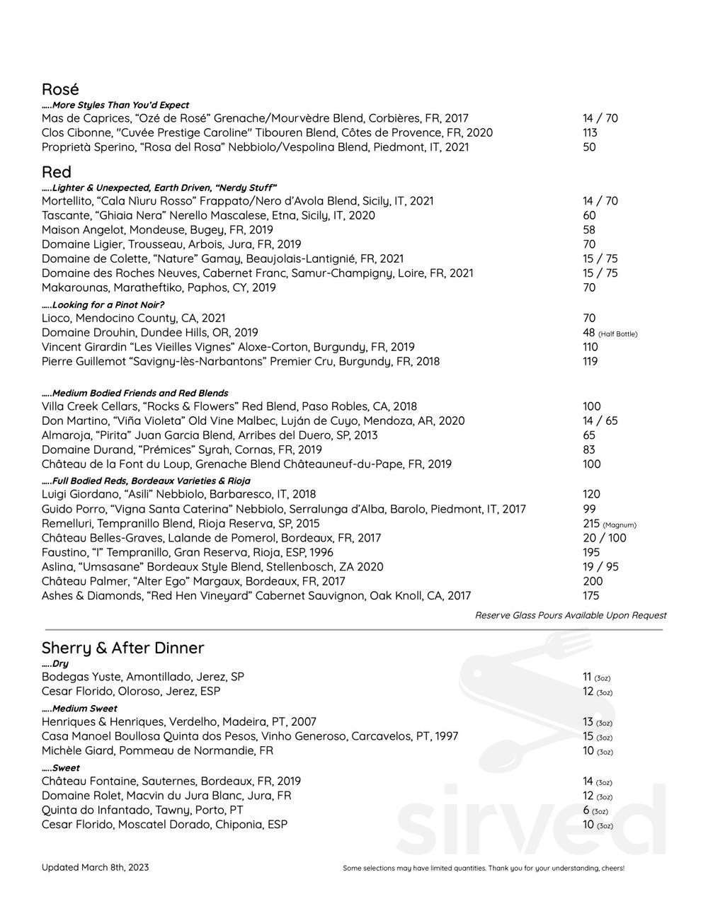 Menu - Detroit MI's Freya | Sirved