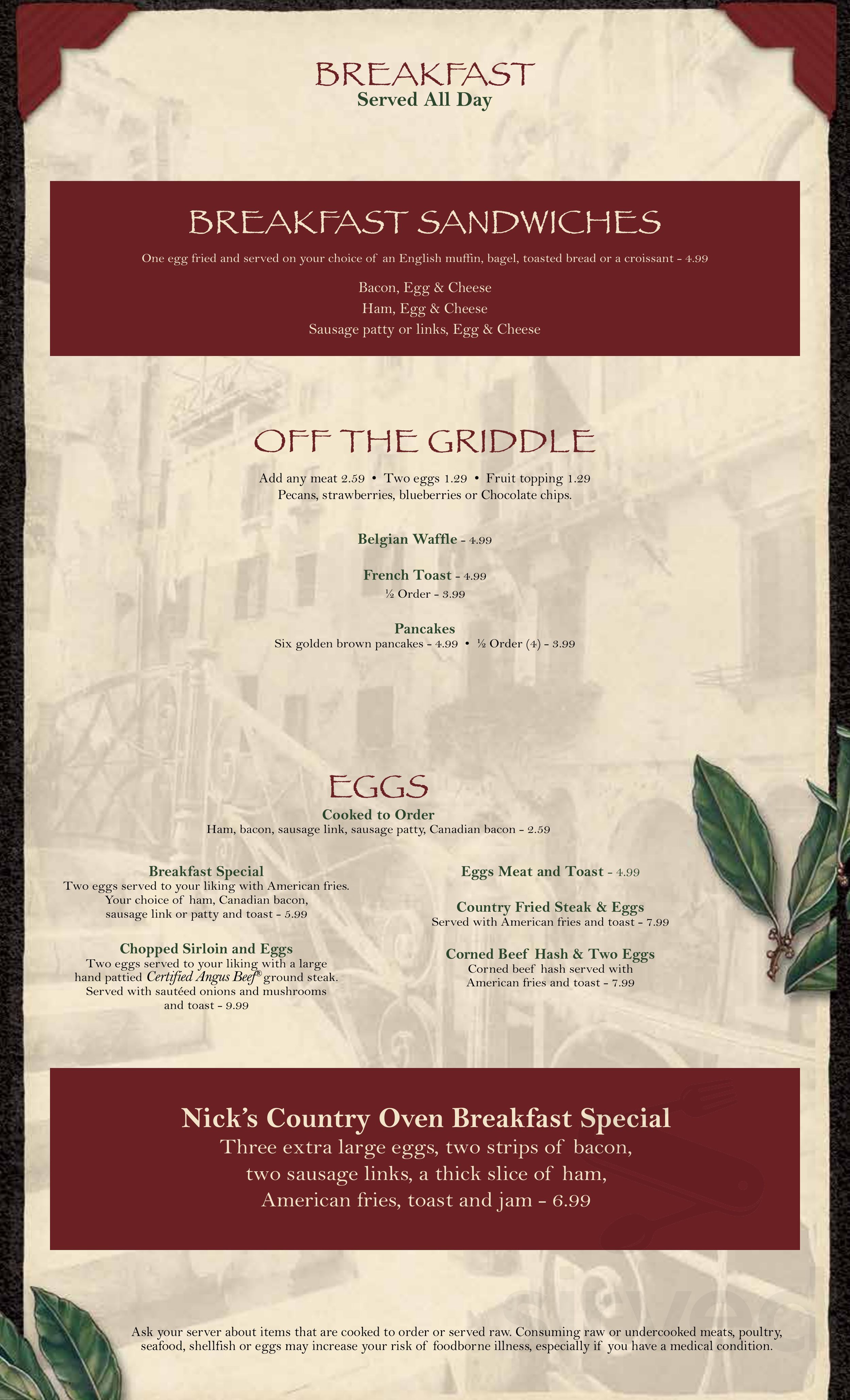 Nick's Country Oven Restaurant menu in Cass City, Michigan, USA