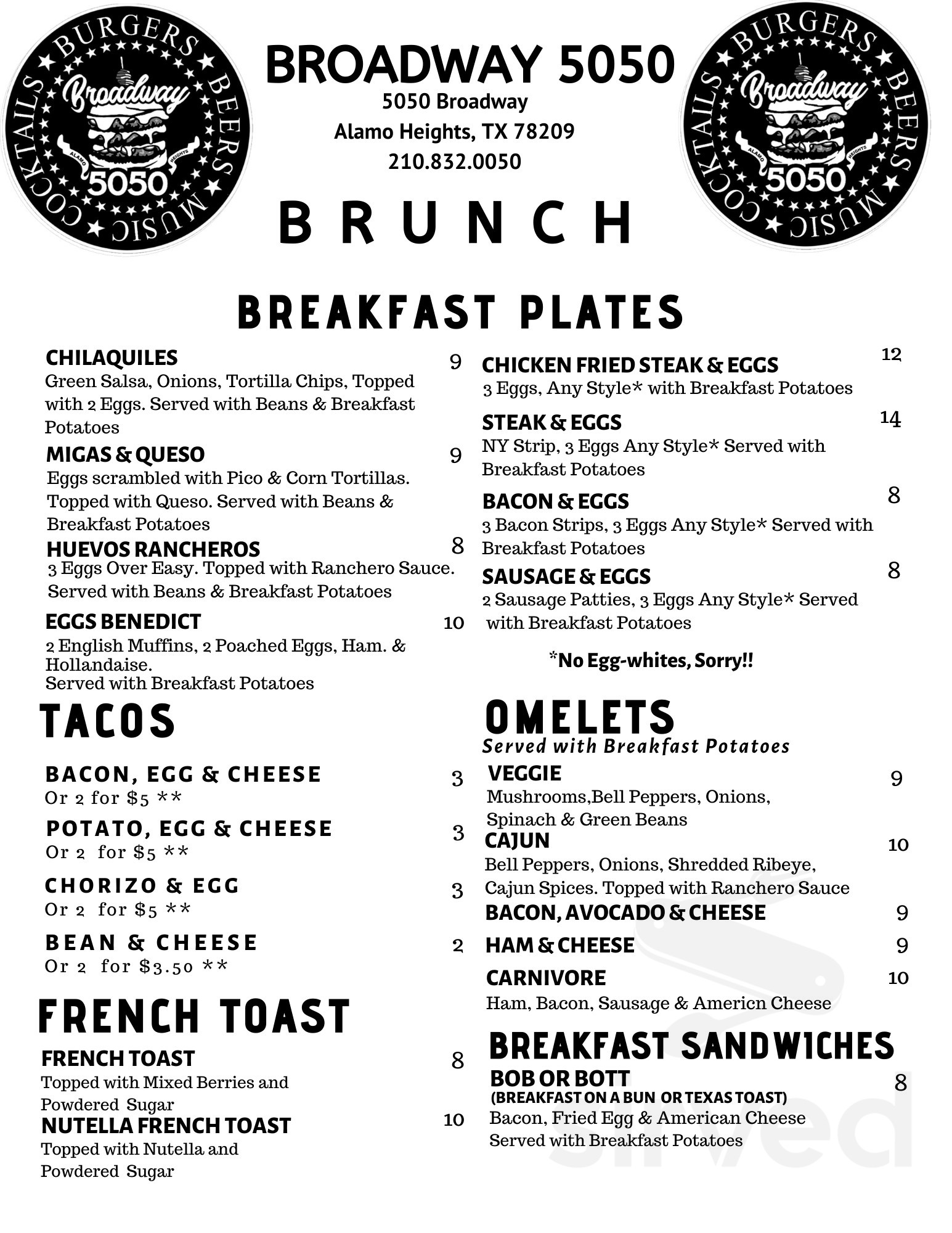 Menu - Alamo Heights TX's The Broadway 50 50 | Sirved