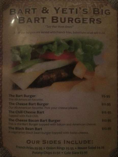 Bart & Yeti's menu in Vail, Colorado, USA