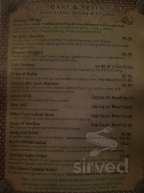 Bart & Yeti's menu in Vail, Colorado, USA