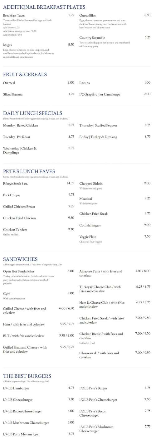 Pete's Cafe menu in Farmers Branch, Texas, USA