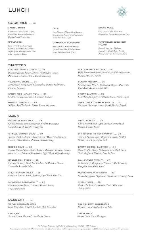 The Huntley Hotel Santa Monica Beach menu in Santa Monica, California, USA